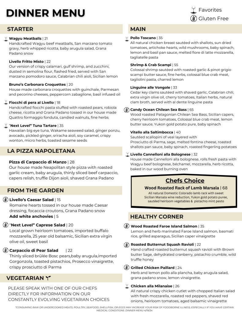 DINNER MENU - Livello