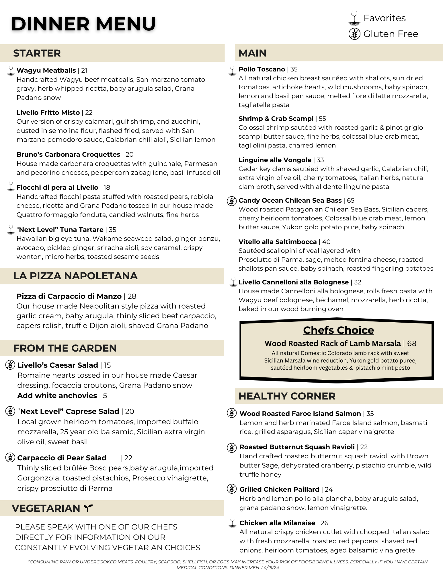 DINNER MENU - Livello